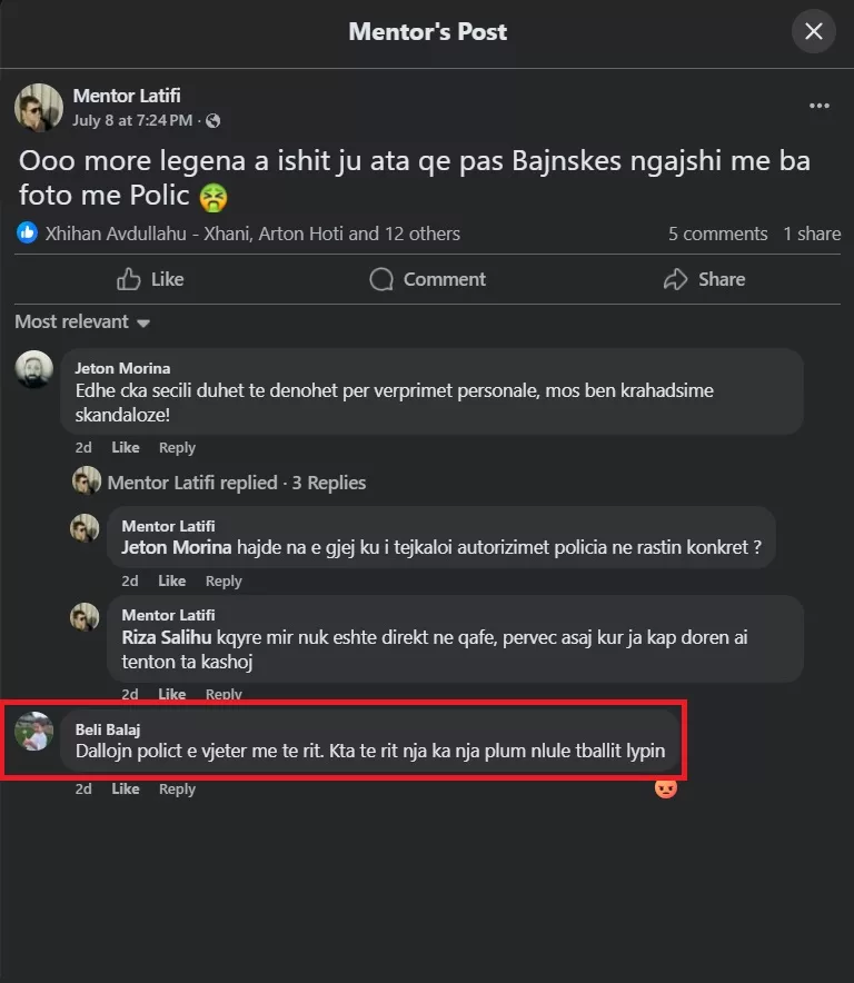 Skandaloze - Zyrtarja e MINT bën koment me thirrje për vrasje: K’ta polict e ri nja ka nja plum ...